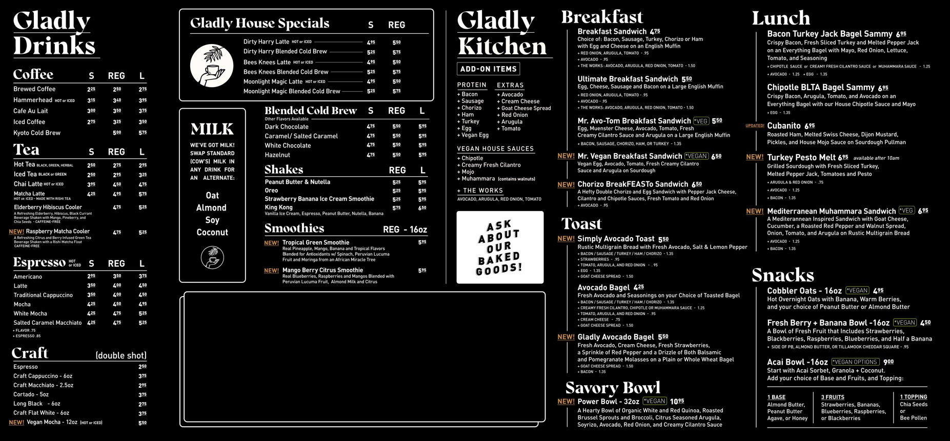 Gladly Coffee Menu - Coffee, Espresso, Sandwiches & More